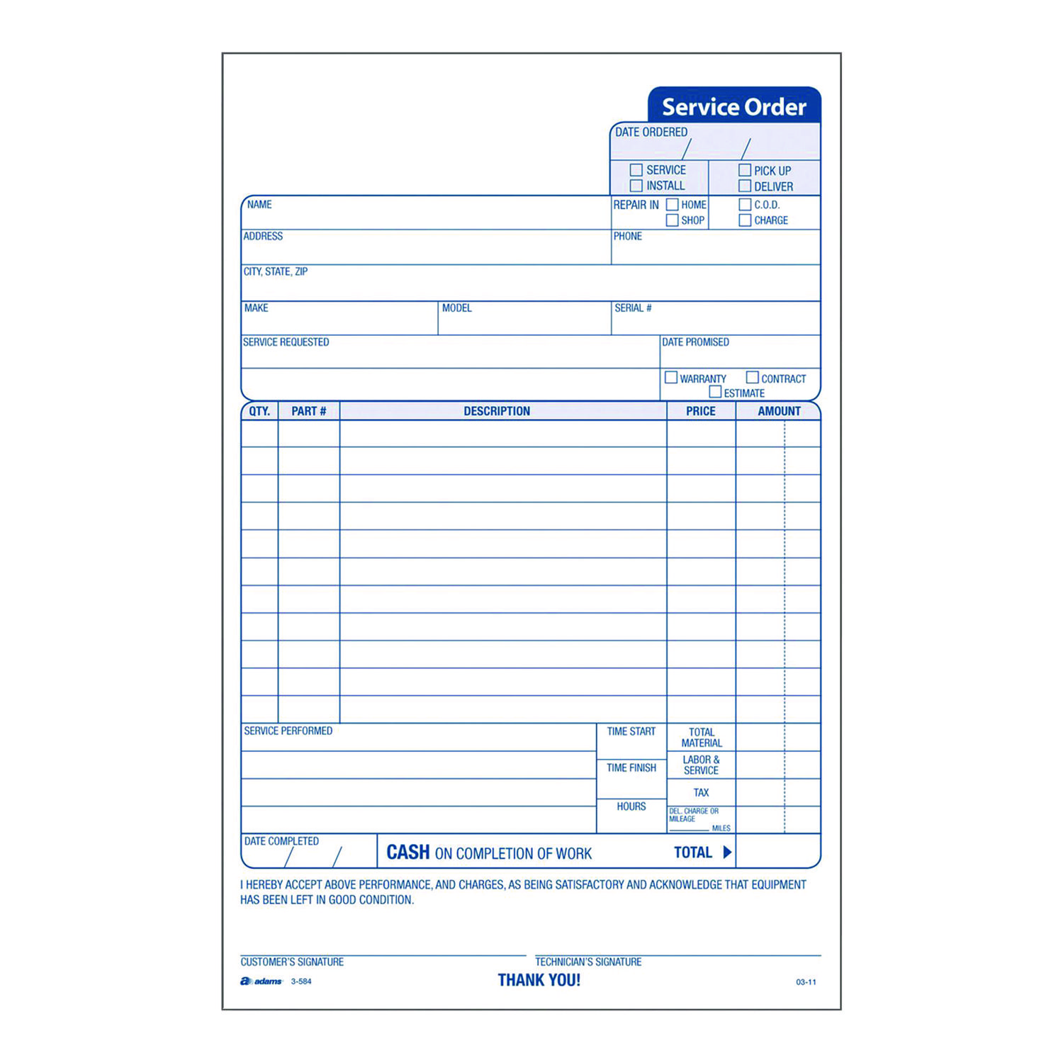 Work Order Form, Three-Part Carbonless, 5.66 x 9, 250 Sets/Pack