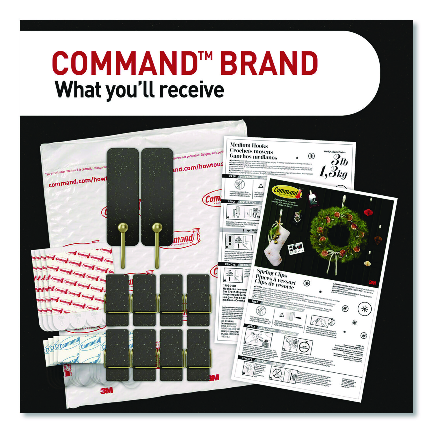 Command™ Limited Edition Hooks and Clips, Soot, 3 lb Capacity, 2 Hooks, 8 Clips and 12 Strips ...