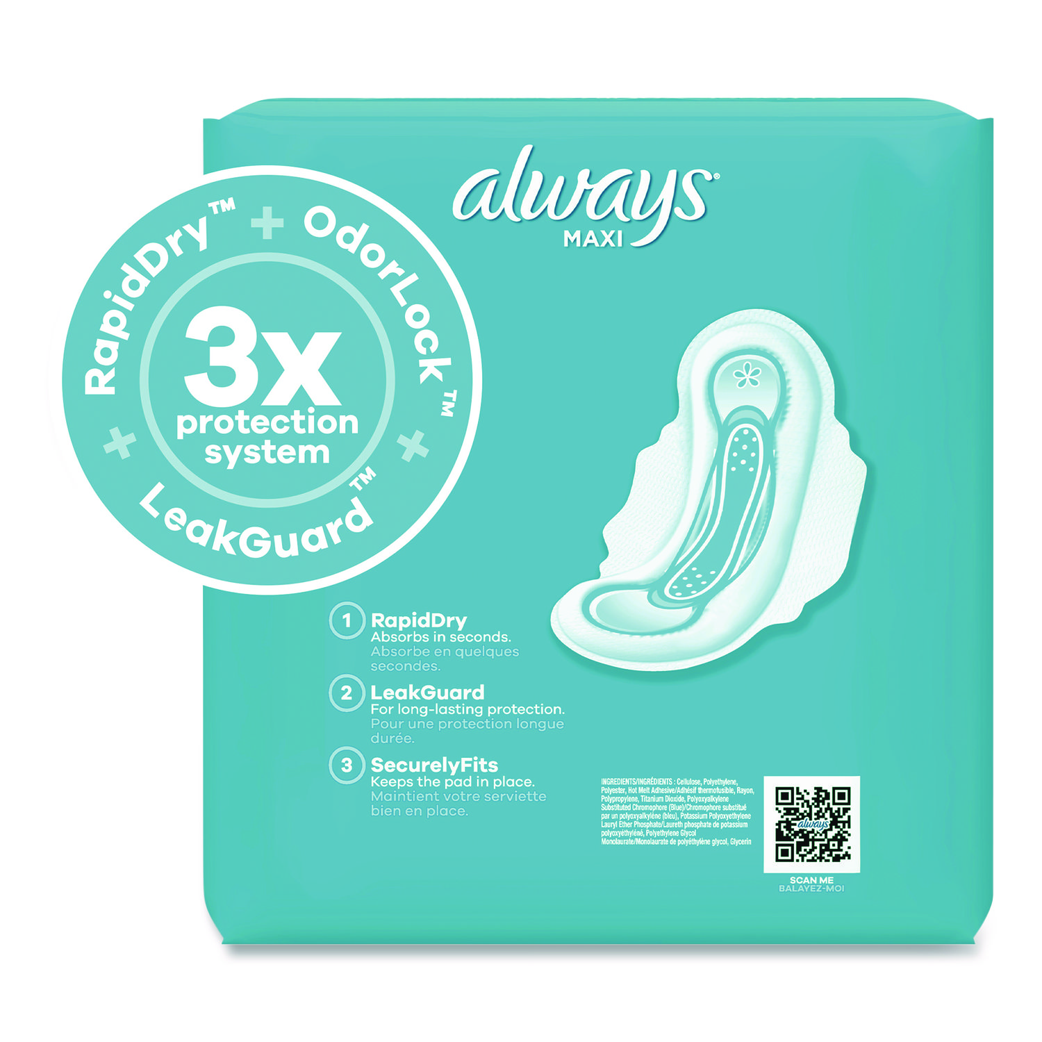 Always® Maxi Long Super Daytime Pad with Wings, Size 2, Super Absorbency, 18/Pack, 8 Packs ...