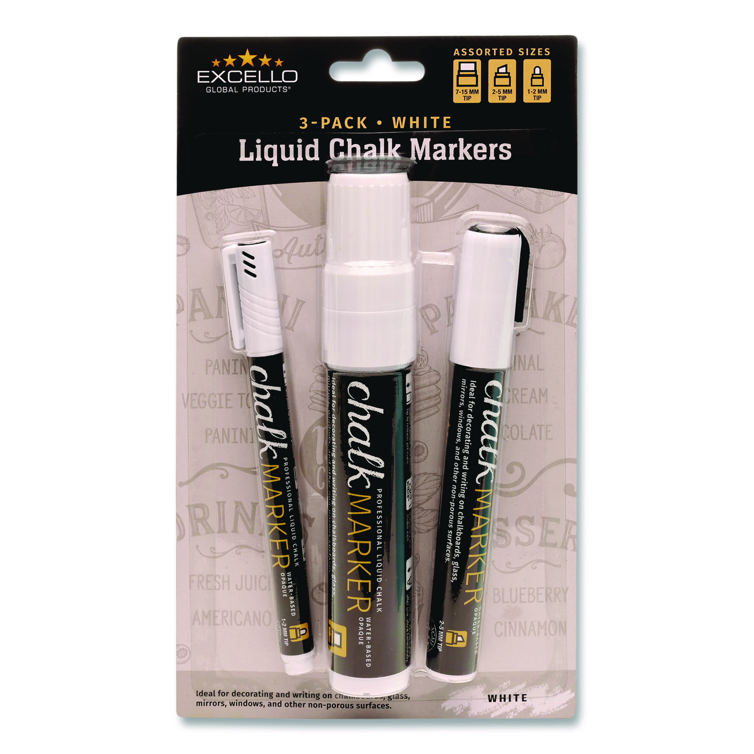 Liquid Chalk Markers, Assorted Tip Sizes and Types, White, 3/Pack - Zerbee