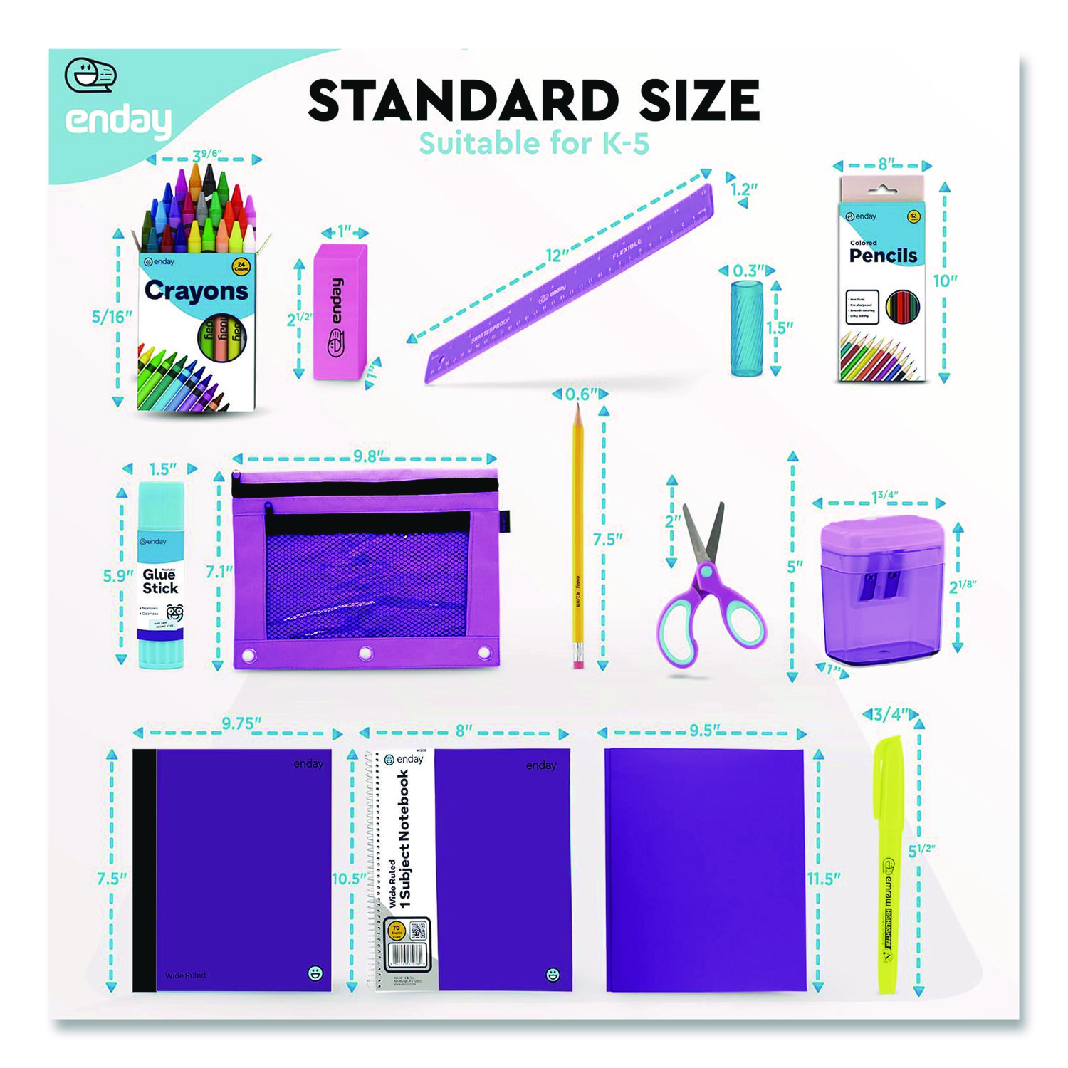 Back to School Supplies Kit for Grades K-5, Purple - TEK Distributors