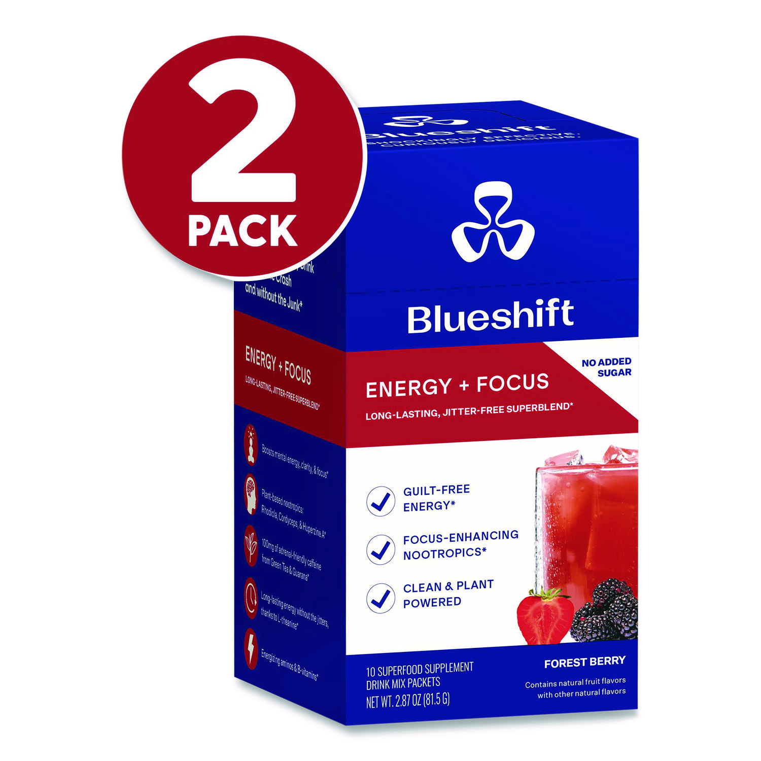 Blueshift Energy and Focus Forest Berry Drink Mix, 0.24 oz Packets, 10/Pack, 2 Packs/Carton ...