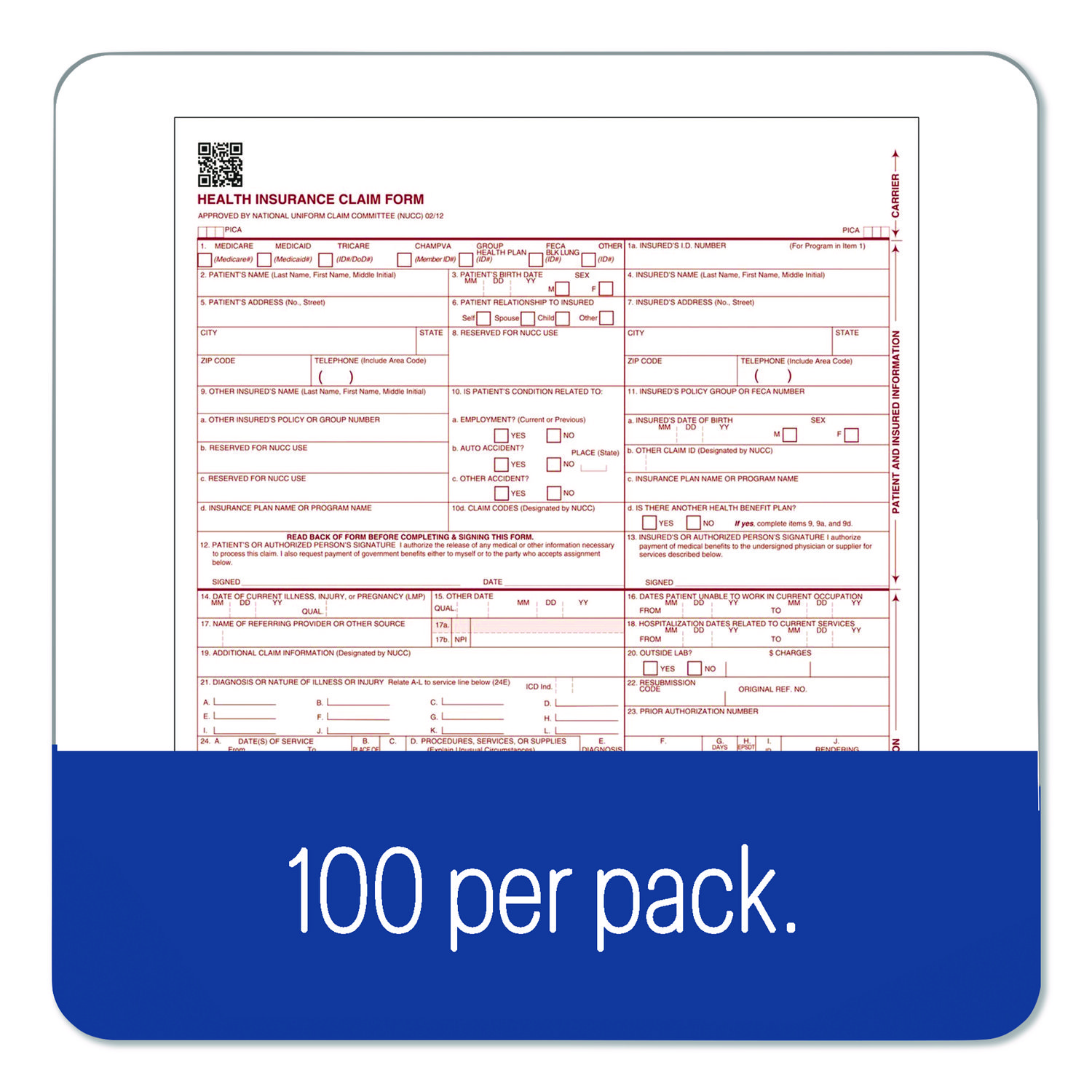 CMS Health Insurance Claim Form, One-Part (No Copies), 8.5 x 11, 100 ...