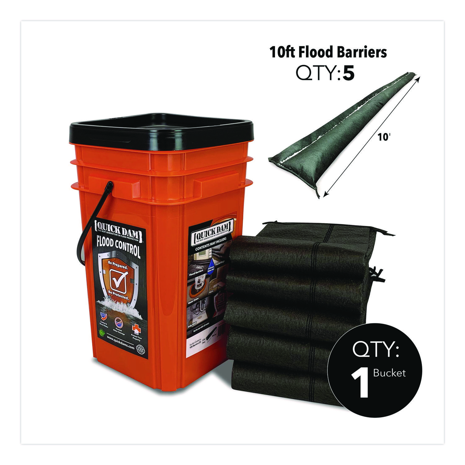 Quick Dam Outdoor Grab and Go Bucket Kit, (1) Bucket, (5) 10 ft Flood ...