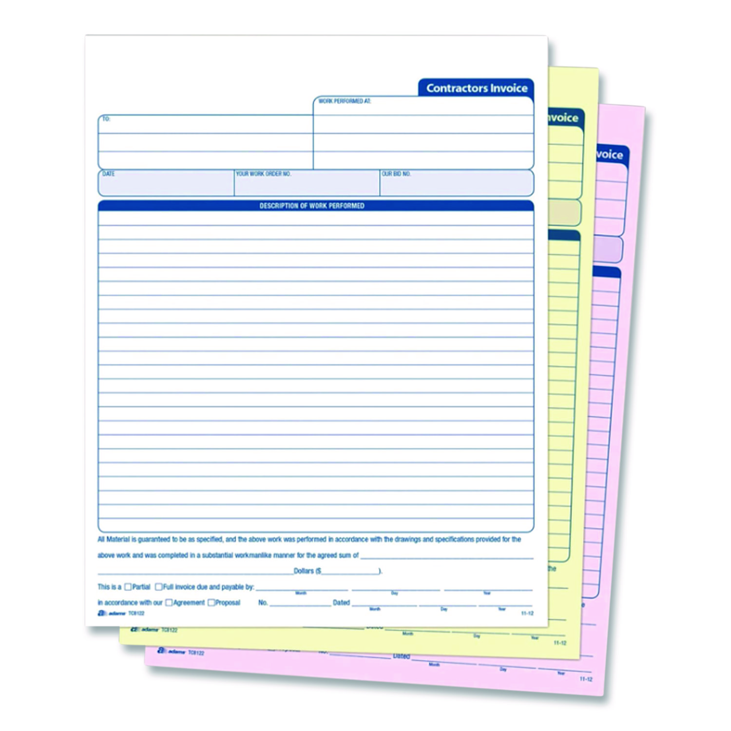 Adams® Multipart Contractors Invoice Pad, Three-Part Carbonless, 8.34 x 10.84, 50 Forms Total ...
