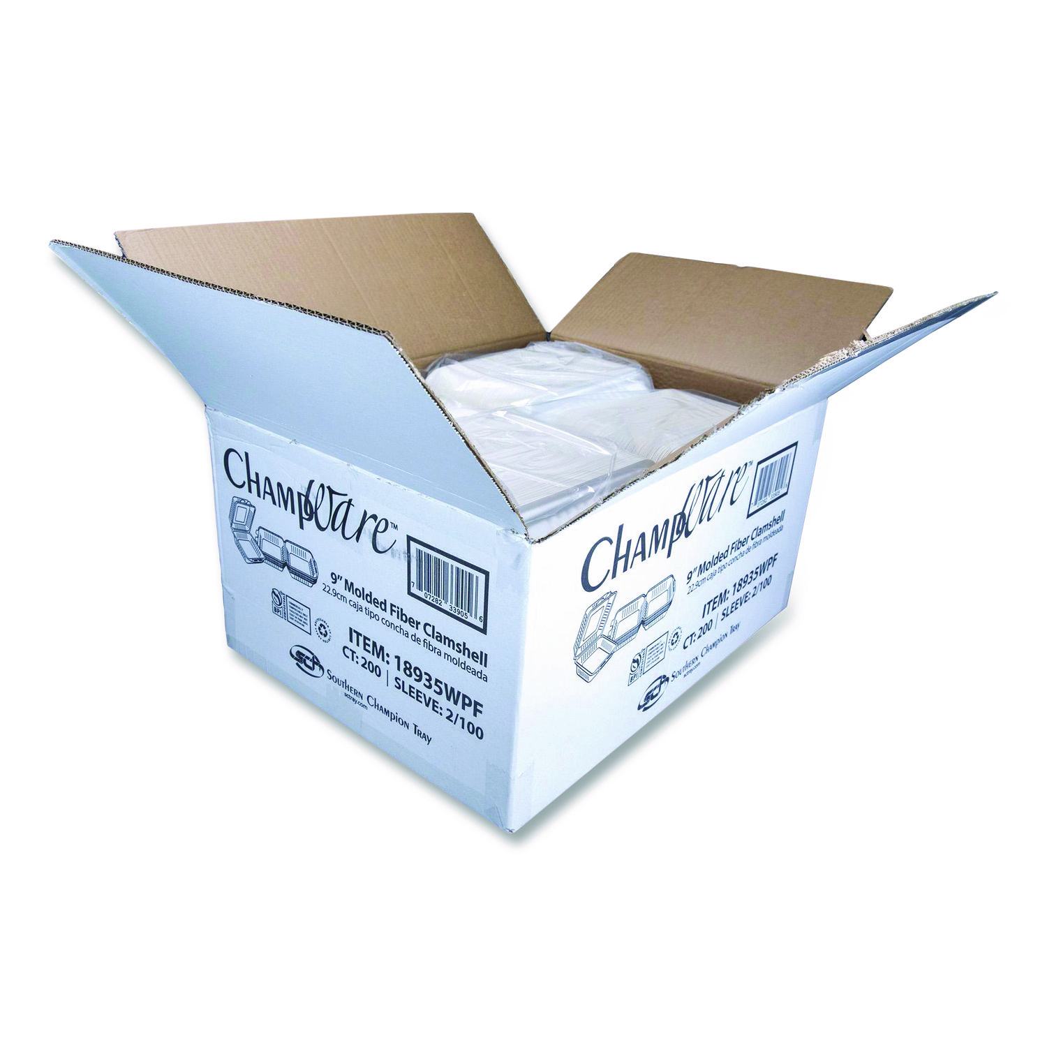 SCT® ChampWare Molded-Fiber Clamshell Containers, 9 x 9 x 3, White, 100 ...