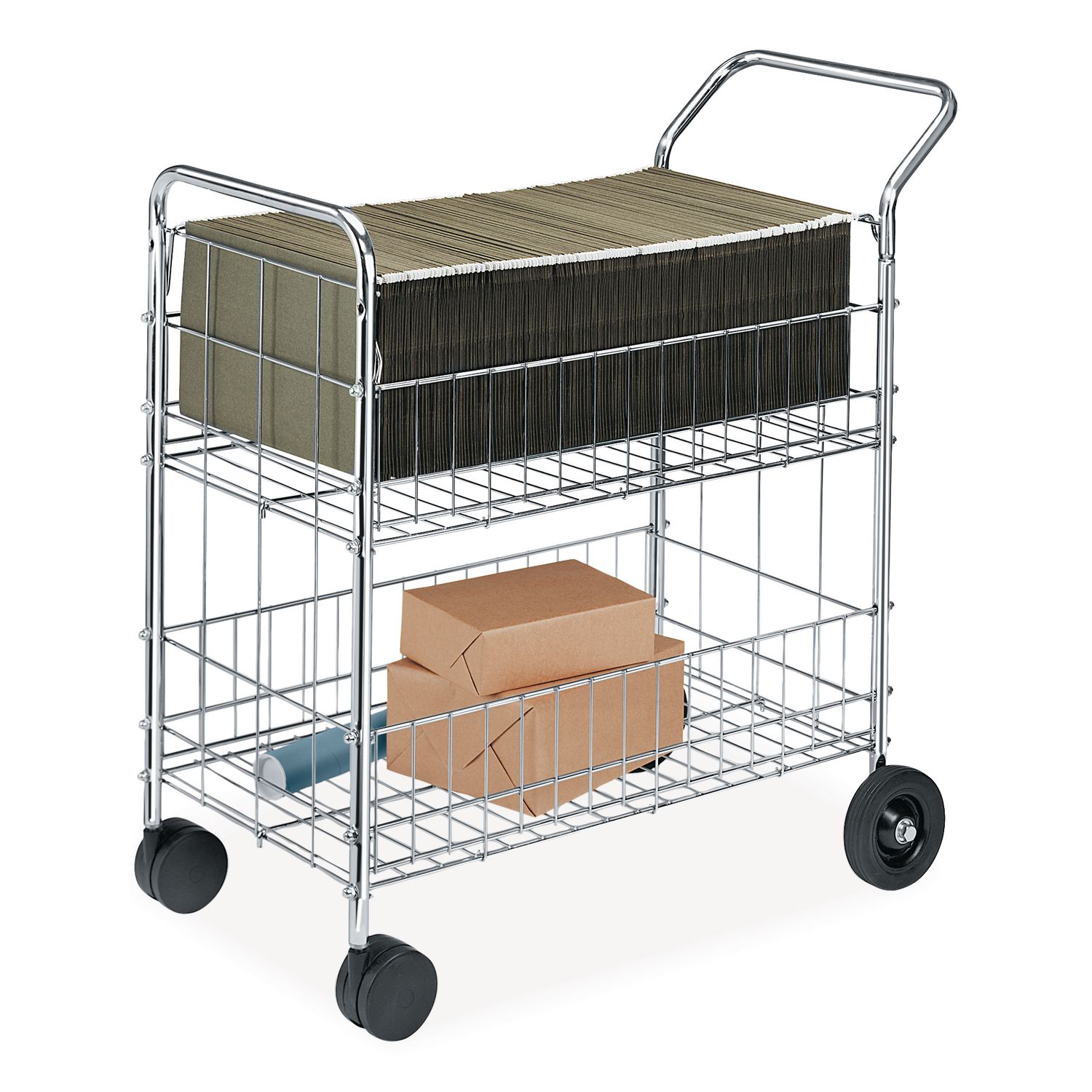 Wire Mail Cart, Metal, 2 Bins, 21.5" x 37.5" x 39.5", Chrome - Reparto