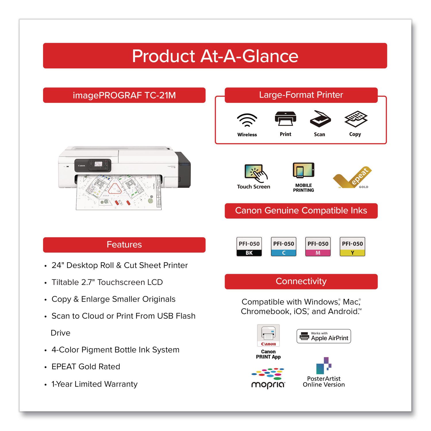 Canon® imagePROGRAF TC-21M, 24" Wireless Wide Format Inkjet Printer ...