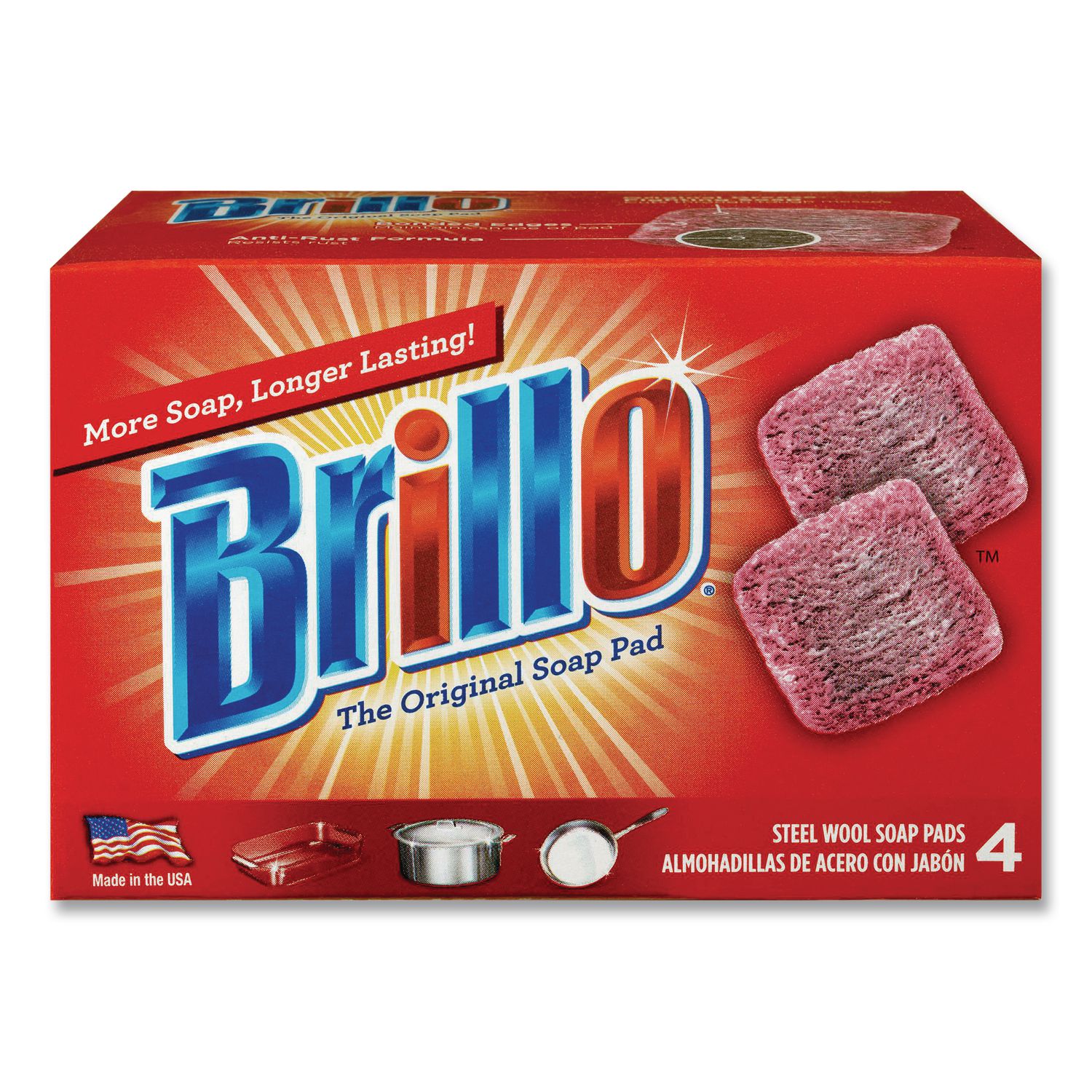 Brillo® Steel Wool Soap Pads, 2.5 x 3, Gray/Pink, 4 Pads/Box, 12 Boxes ...