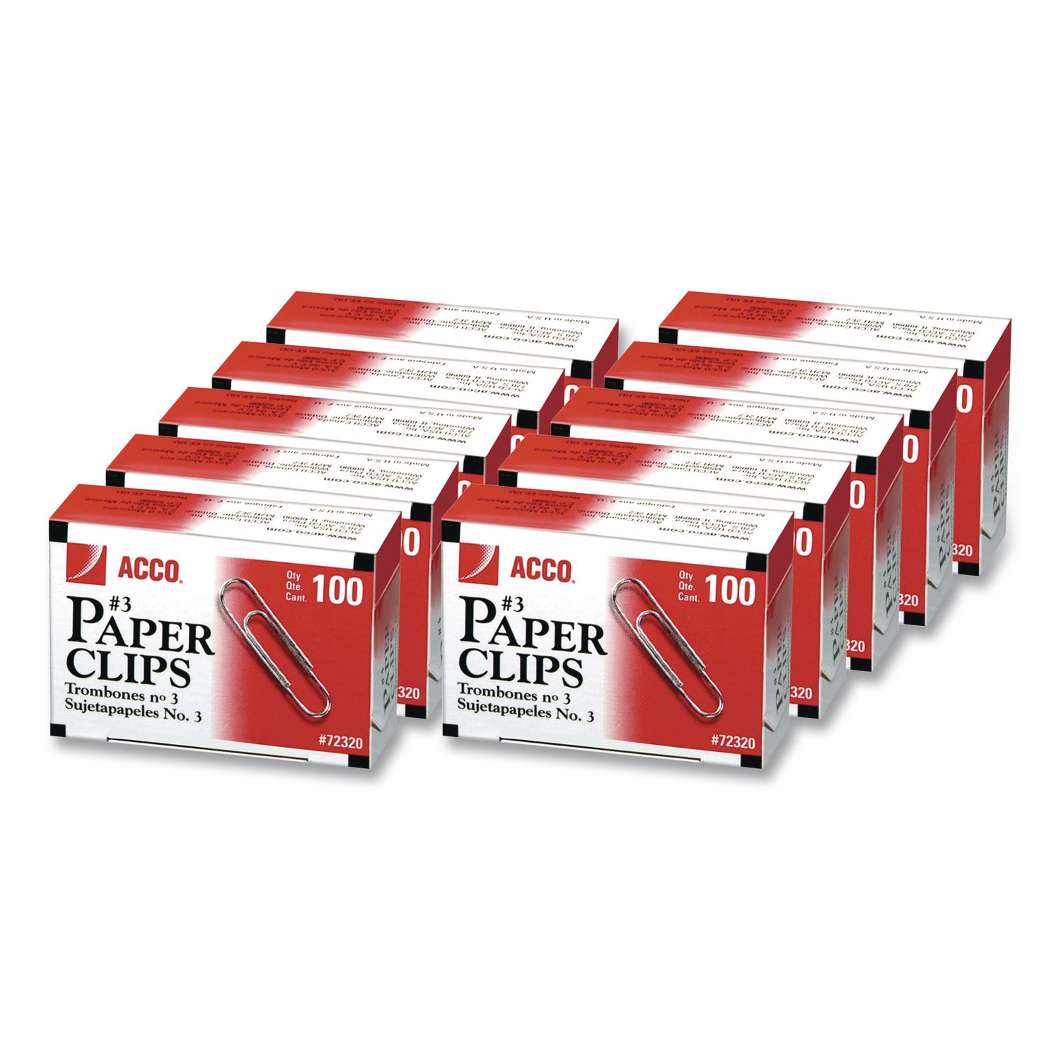 Paper Clips, #3, Smooth, Silver, 100 Clips/Box, 10 Boxes/Pack - Reparto