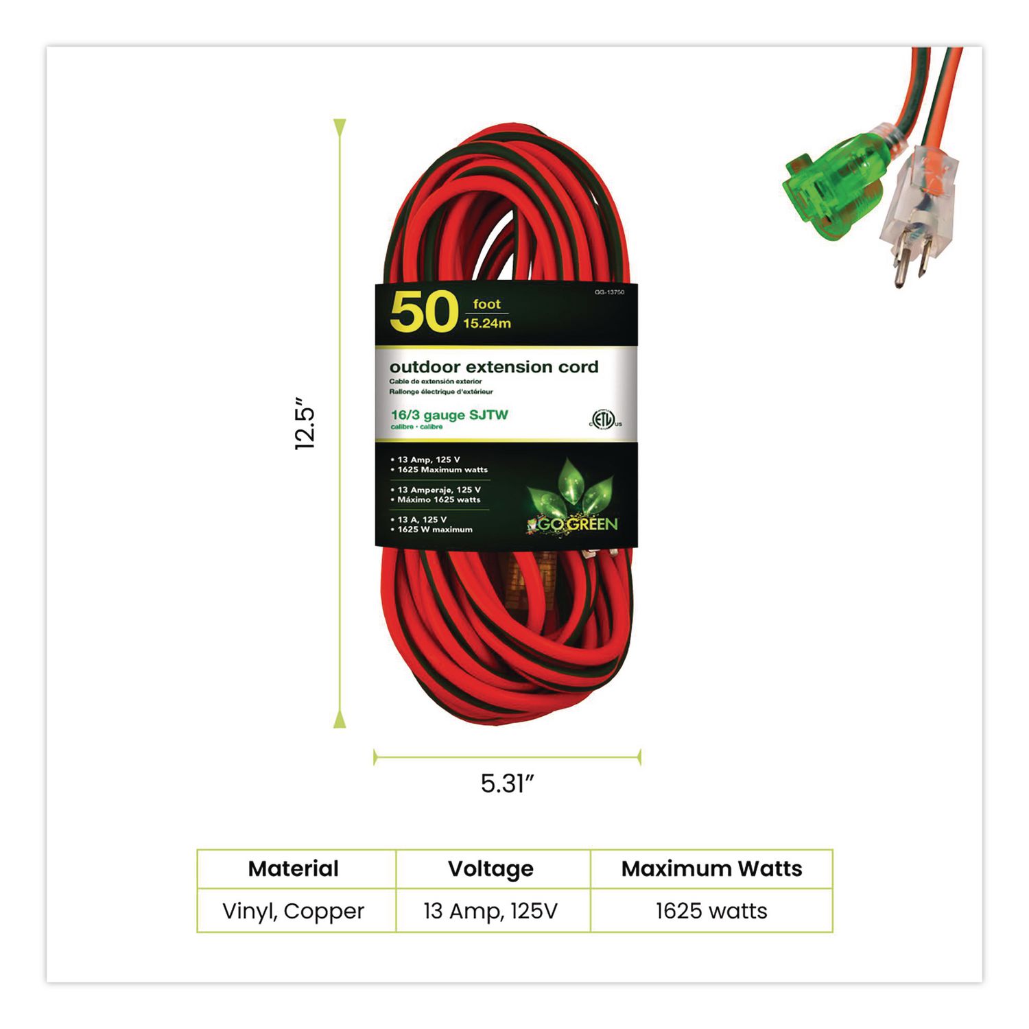 GoGreen Power 16 AWG Outdoor Extension Cord, 50 ft, 13 A, Orange/Black ...