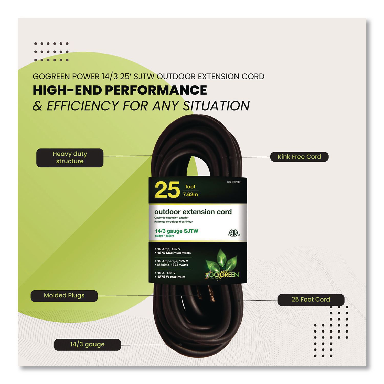 GoGreen Power 14 AWG Outdoor Extension Cord, 25 ft, 15 A, Black ; Ships ...