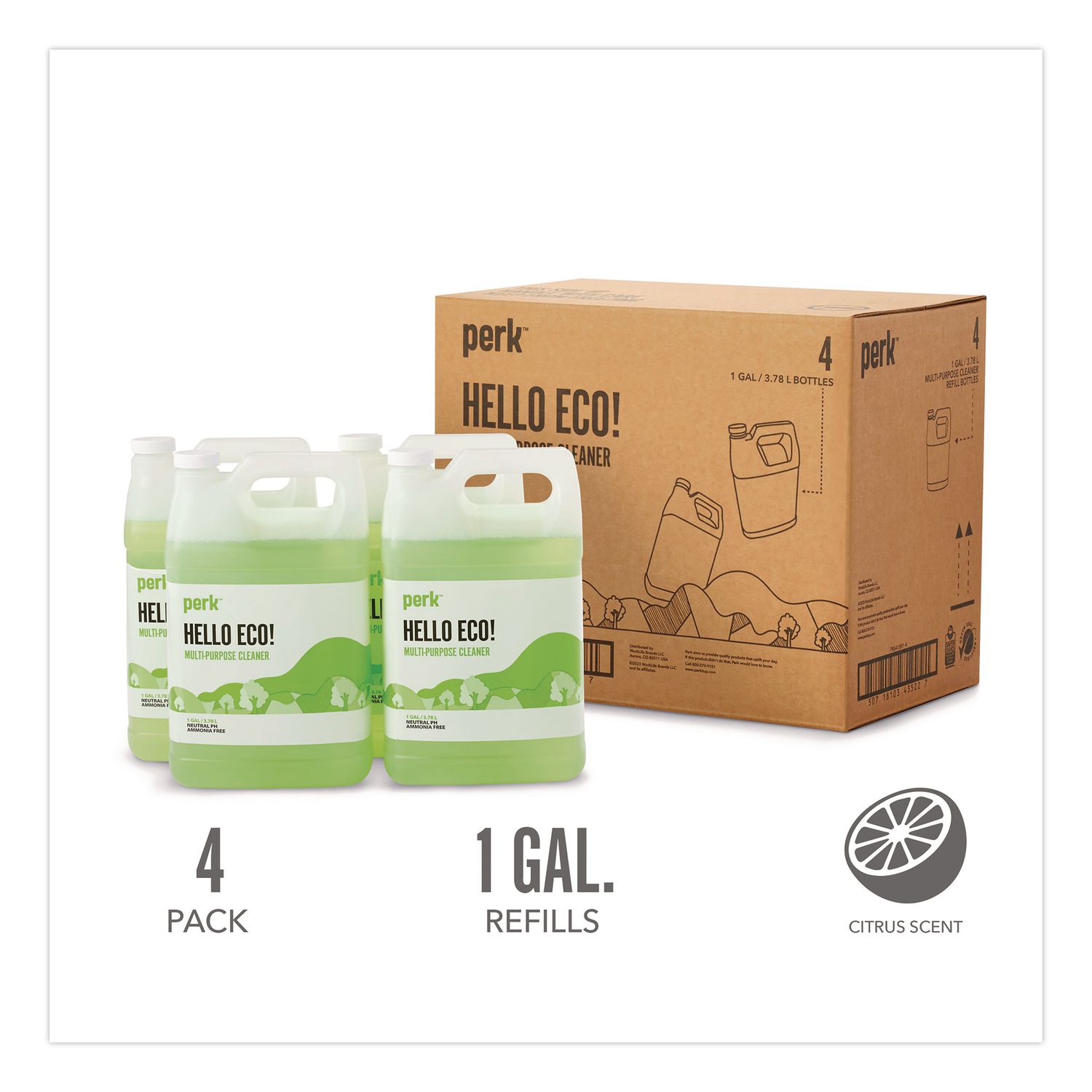 Perk™ Hello Eco Multi-Purpose Cleaner, 1 gal Refill Jug, 4/Carton ...