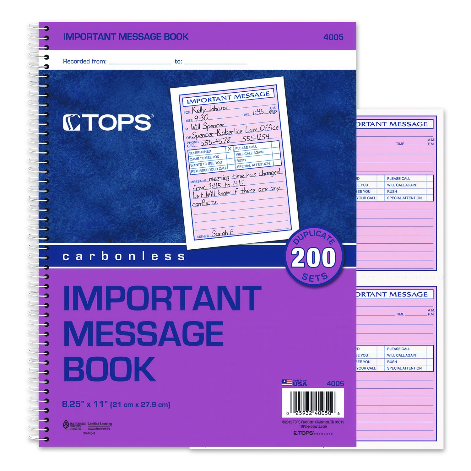 Telephone Message Book with Fax/Mobile Section, Two-Part Carbonless, 3. ...