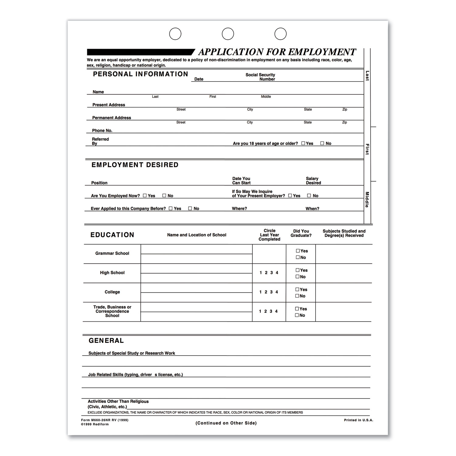 Employment Application, 8.5 x 11, 1/Page, 50 Forms - Cartridge Savers