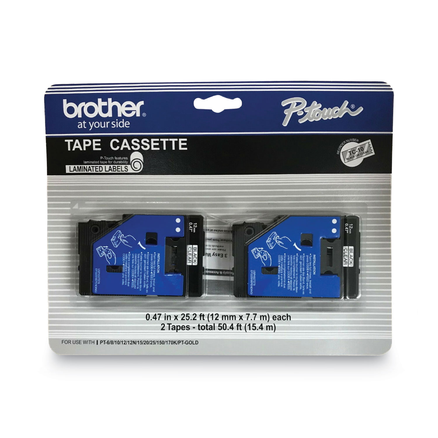 TC Tape Cartridges for P-Touch Labelers, 0.47" x 25.2 ft, Black on ...