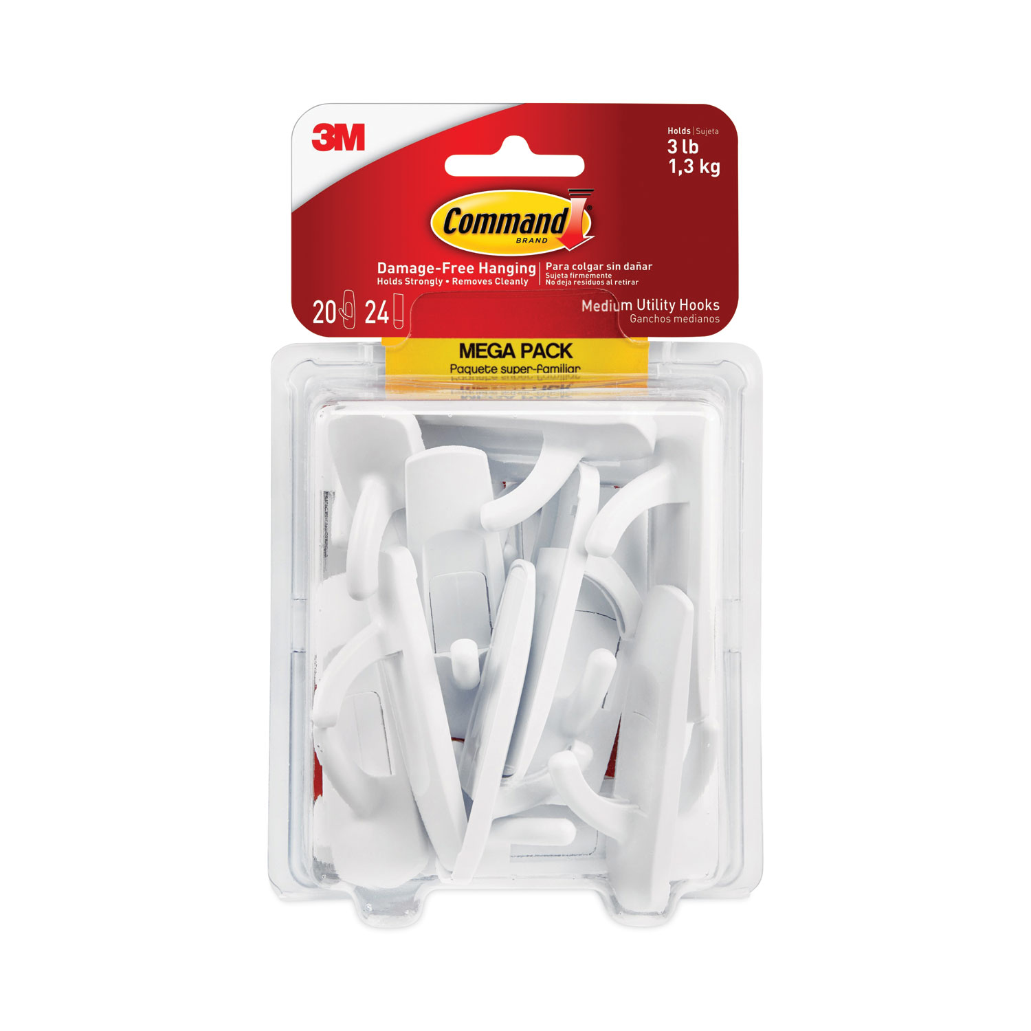 General Purpose Hooks, Medium, Plastic, White, 3 lb Capacity, 20 Hooks ...