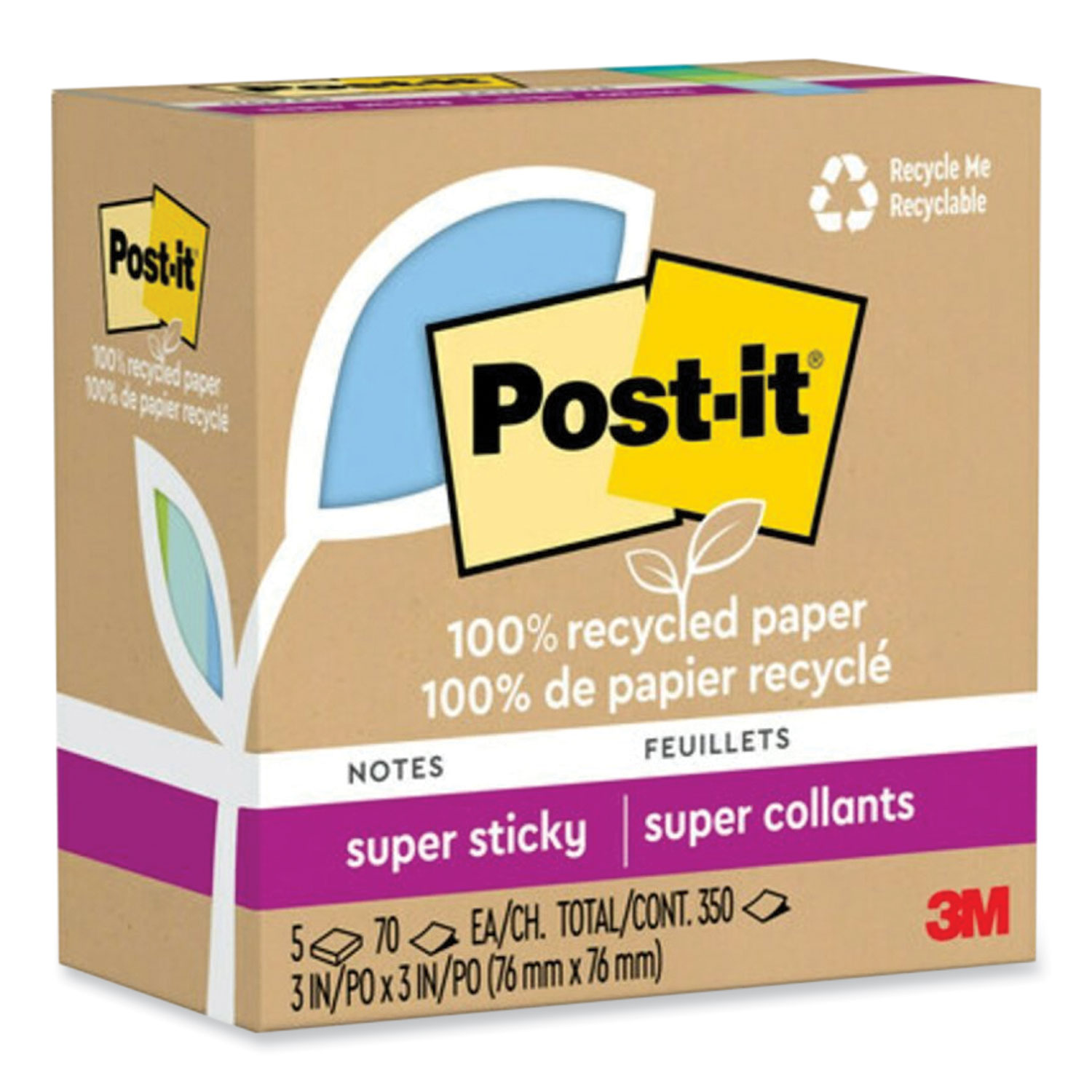 100% Recycled Paper Super Sticky Notes, 3" x 3", Oasis, 70 Sheets/Pad ...