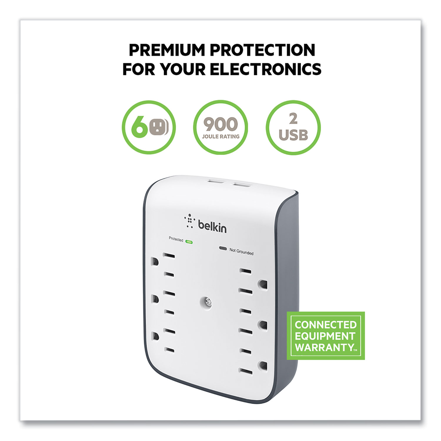 Belkin® SurgePlus USB Wall Mount Charger, 6 AC Outlets/2 USB Ports, 900 ...
