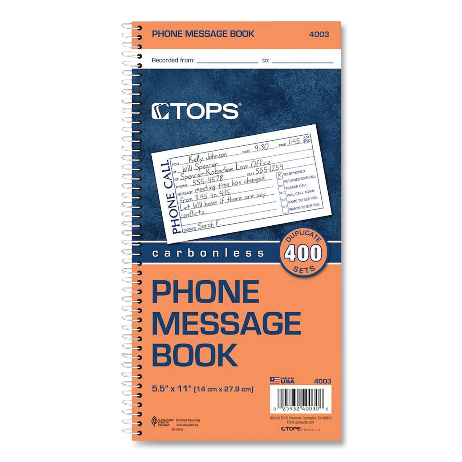 TOP 4003 Tops Carbonless Phone Message Book TOP4003