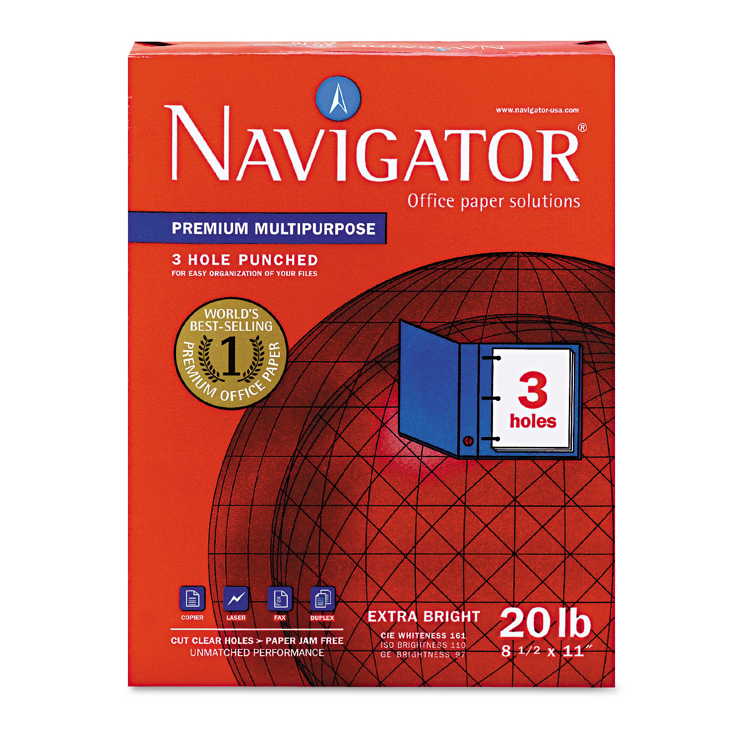 Navigator® Premium Multipurpose Paper, 97 Brightness, 3-Hole Punch ...