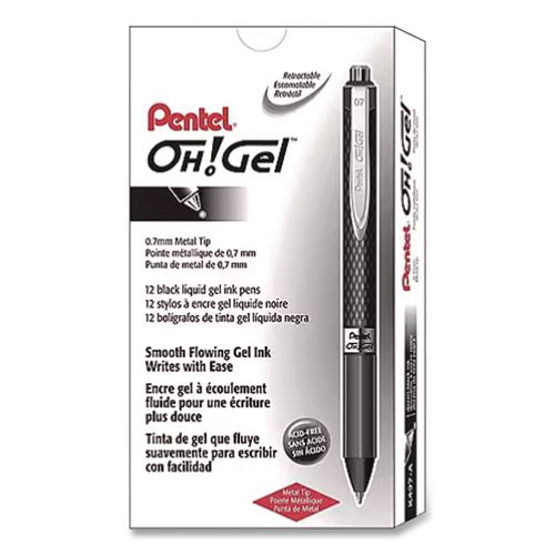 Oh! Gel Pen, Retractable, Medium 0.7 mm, Black Ink, Black Barrel, Dozen ...