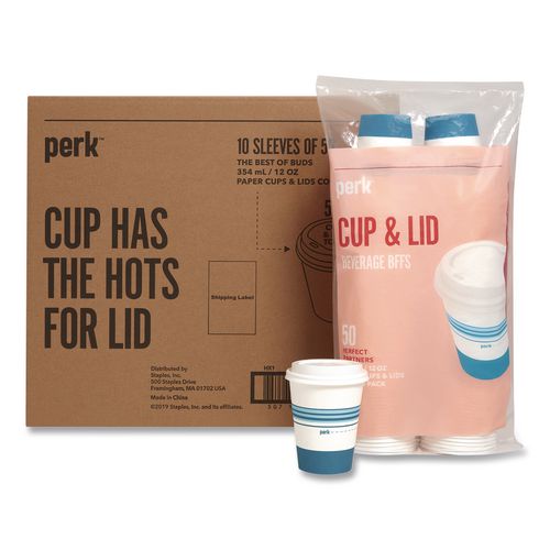 Perk™ Paper Hot Cup and Plastic Dome Lid Combo, 12 oz, White/Blue, 500 ...