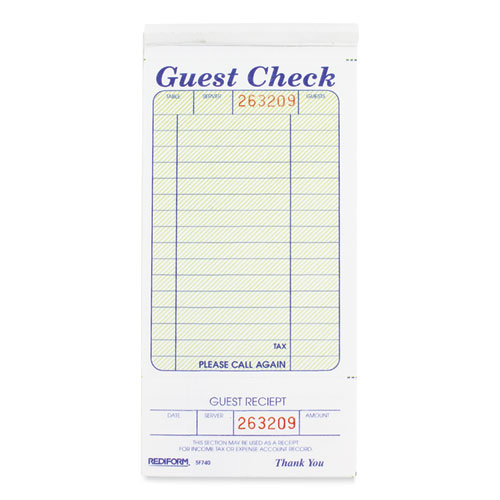 Guest Check Book, 3.38 x 6.5, 1/Page, Tear-Off at Bottom, 50 Forms ...